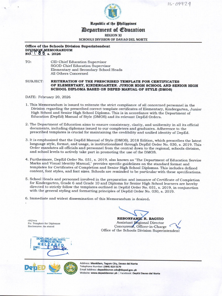 DM 0086 S. 2026 Reiteration of The Prescribed Template For Certificates ...