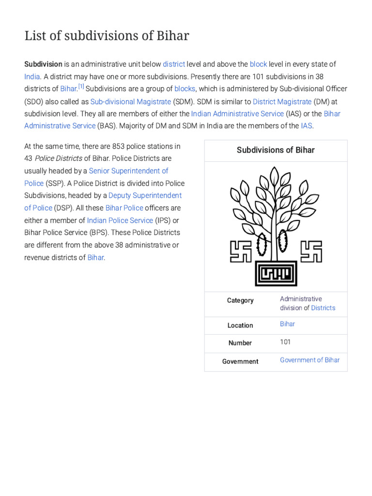 List of Subdivisions of Bihar - Wikipedia | PDF | Ranks | Government