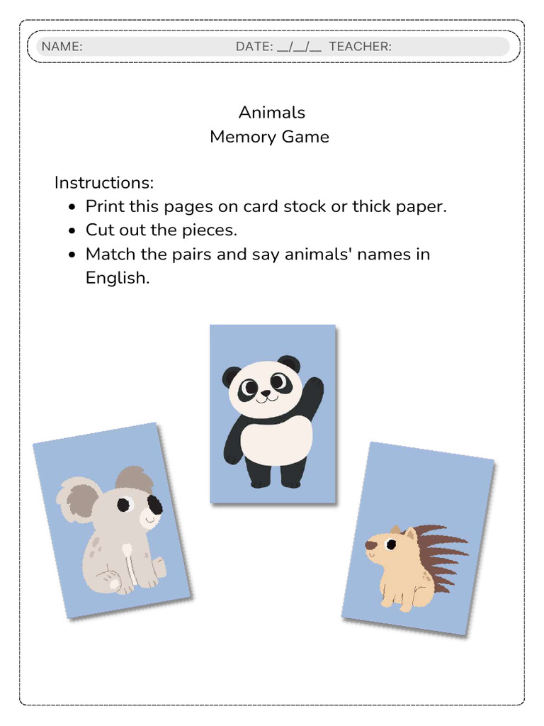 Animals Memory Game | PDF