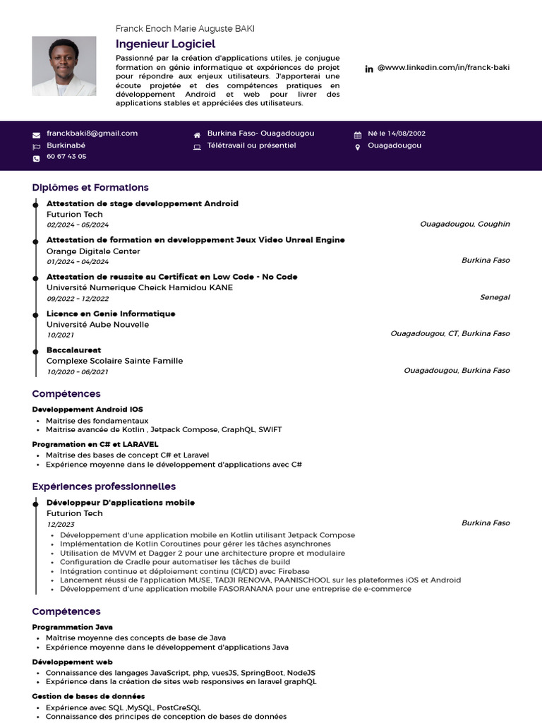 CV 2026-02-28 Franck Enoch Marie Auguste BAKI | PDF | Développement de ...