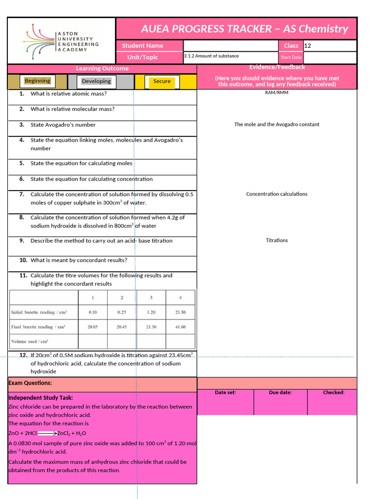 As Chemistry 3.1.2 Amount of Substance | PDF | Mole (Unit) | Acid