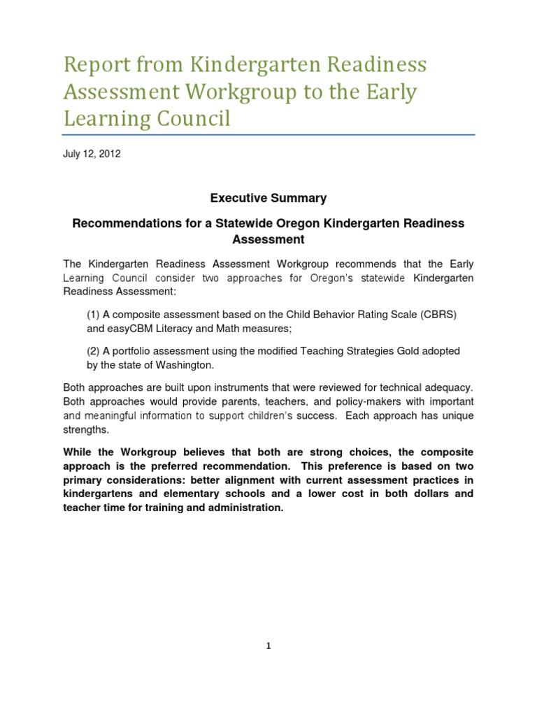 Report For Kindergarten Readiness | PDF | Educational Assessment | Literacy
