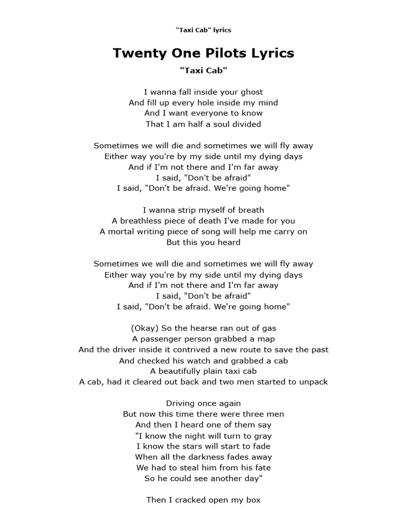 Twenty One Pilots - Taxi Cab Lyrics _ AZLyrics.com | PDF