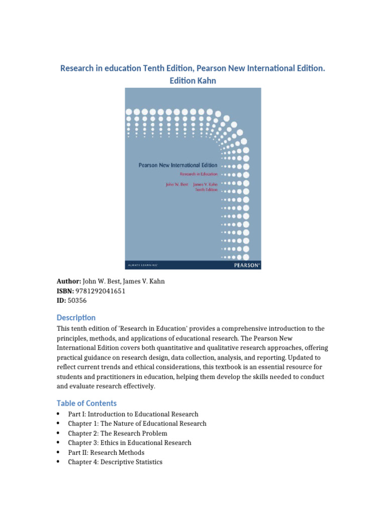 Research in education Tenth Edition, Pearson New International Edition ...