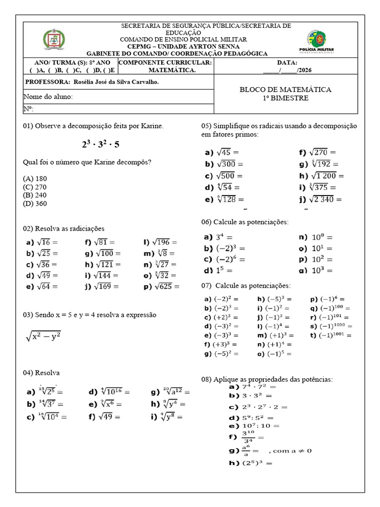 Bloco Aprendendo No Senna 1º Bimestre 20226 8º Ano | PDF