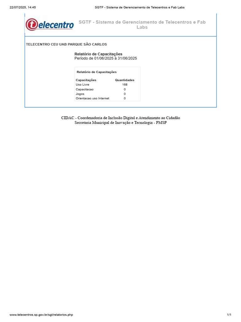 SGTF - Sistema de Gerenciamento de Telecentros e Fab Labs | PDF