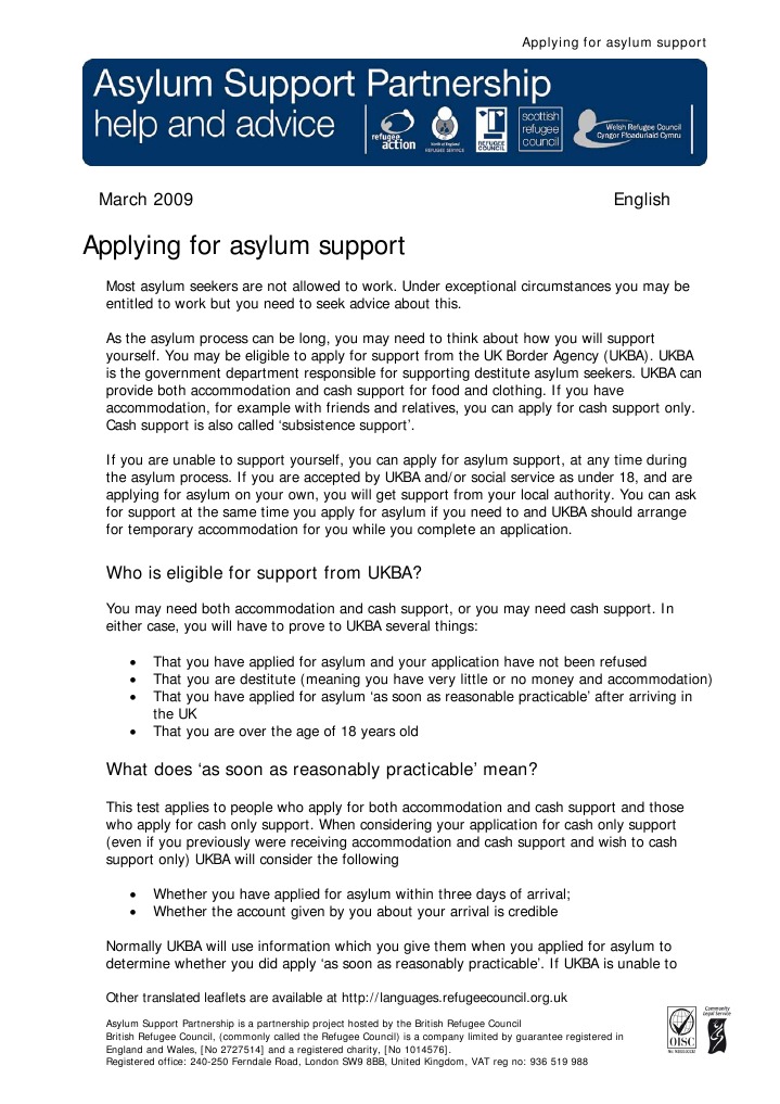Applying For Asylum Support: March 2009 English | PDF | Refugee ...