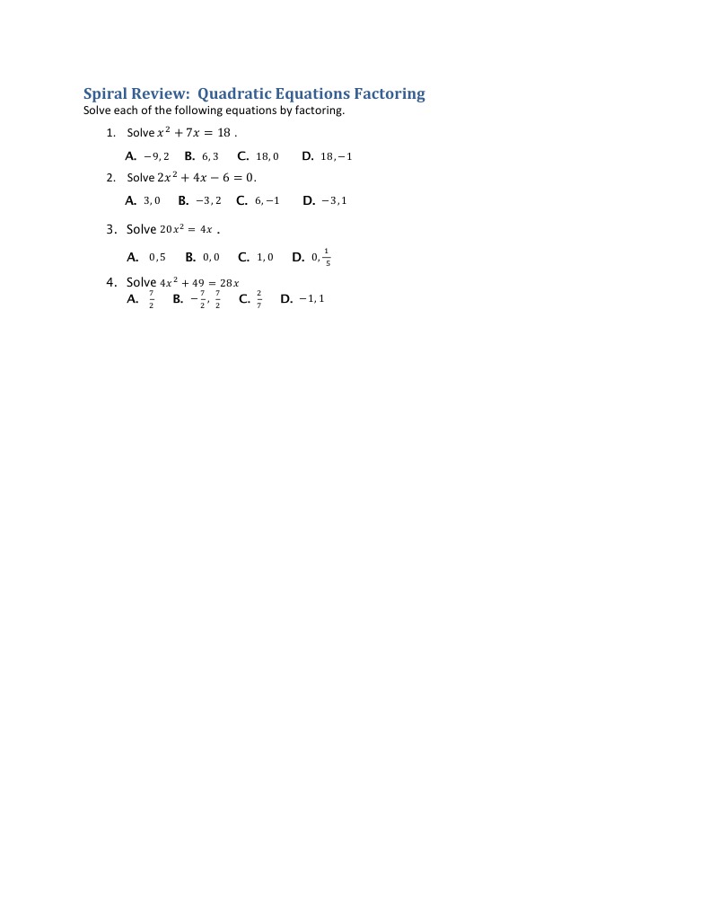 Quadratic Equations Factoring Review | PDF