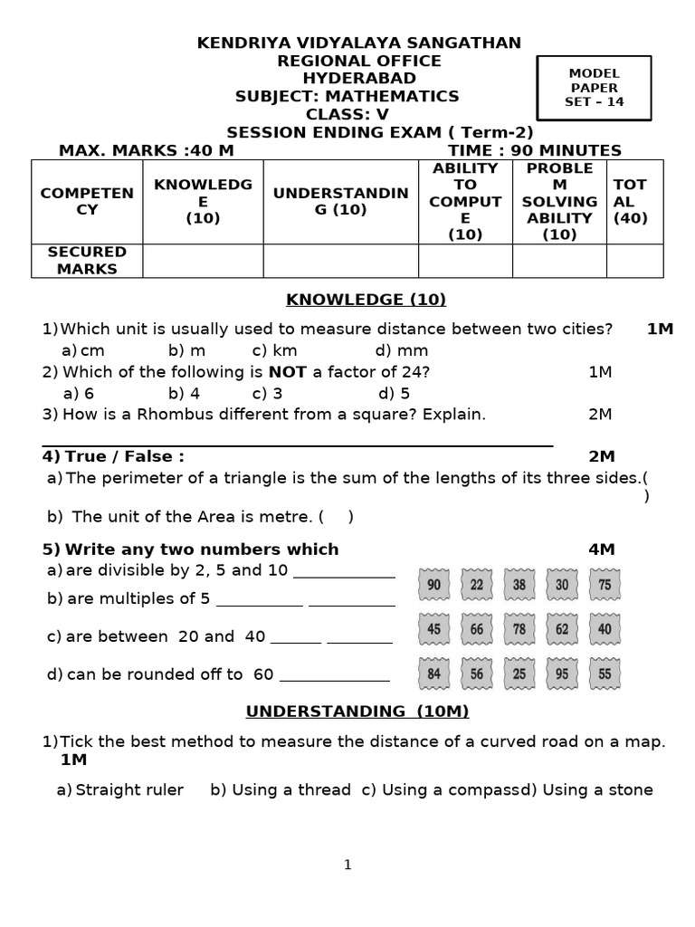 Class 5 Maths See Set 14 | PDF | Area | Length