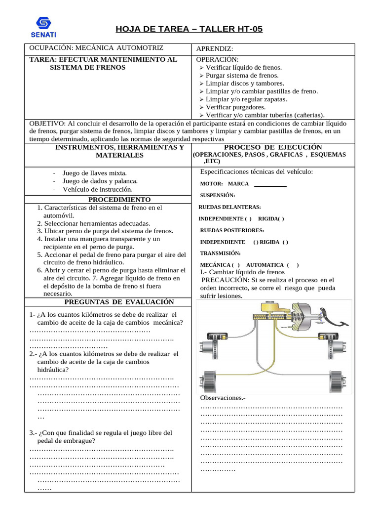 HOJA de Operaci%C3%B3n Frenos | PDF | Líquidos | Tecnología de vehículos