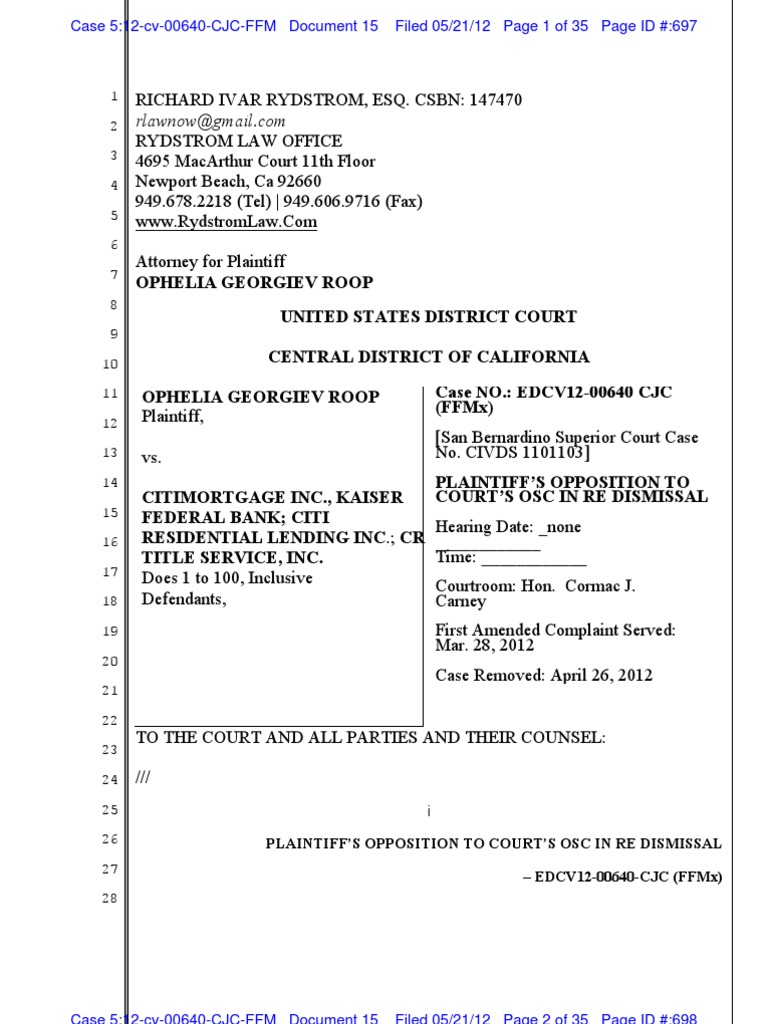 Rich Rydstrom Attorney OPPO DISMISS ROOP June 2012 Federal | PDF ...