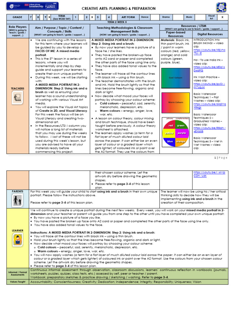 Lesson Plan Gr9 Creative Arts Visual Art T2 W5 | PDF | Color | Lesson Plan