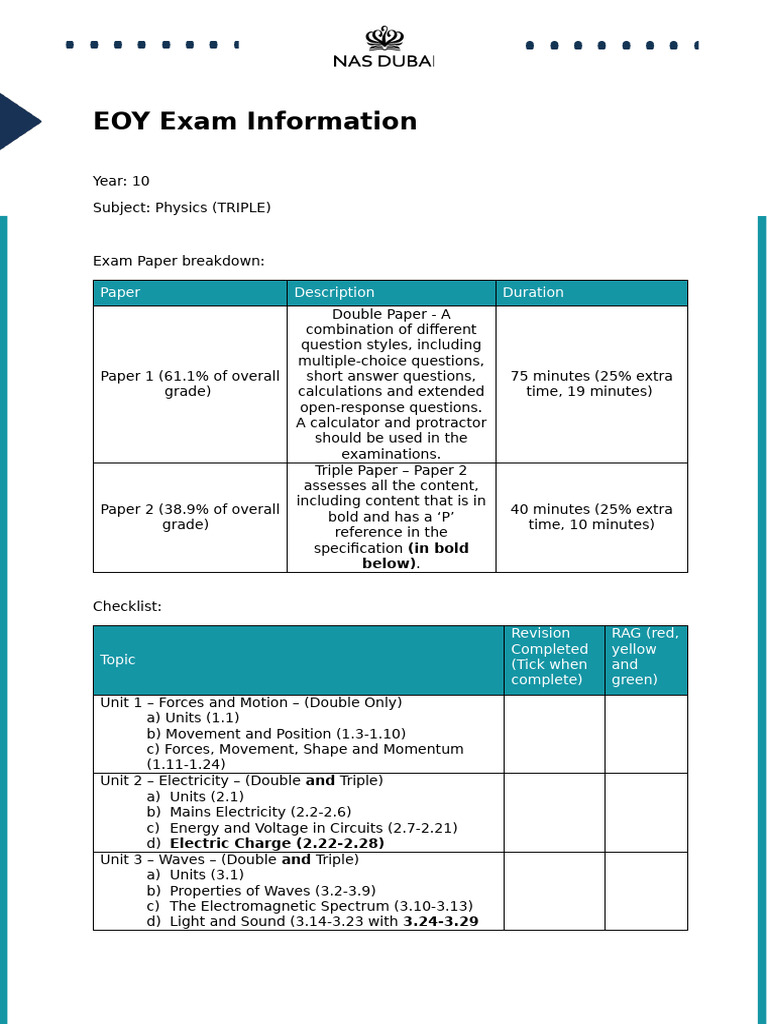 Yr 10 Physics EoY Checklist (TRIPLE) | PDF | Gases | Waves