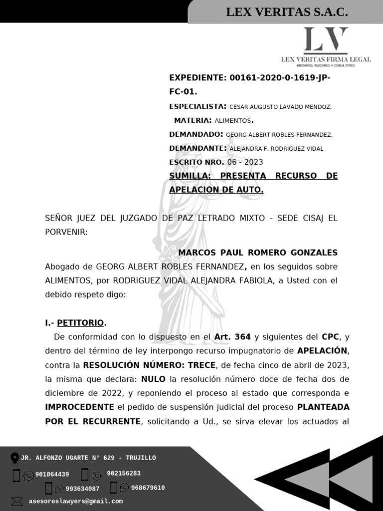 ESCRITO NRO. 06 - 2023 - APELACIÓN DE AUTO - ROBLES | PDF | Apelación ...