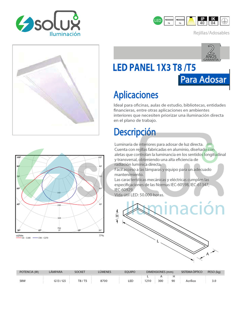 Led Panel 1x3 t8-t5 1210x300mm | PDF | Diodo emisor de luz | Ligero