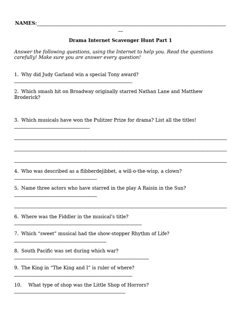 Drama Internet Scavenger Hunt 2 Days | PDF | Musical Theatre | Broadway ...