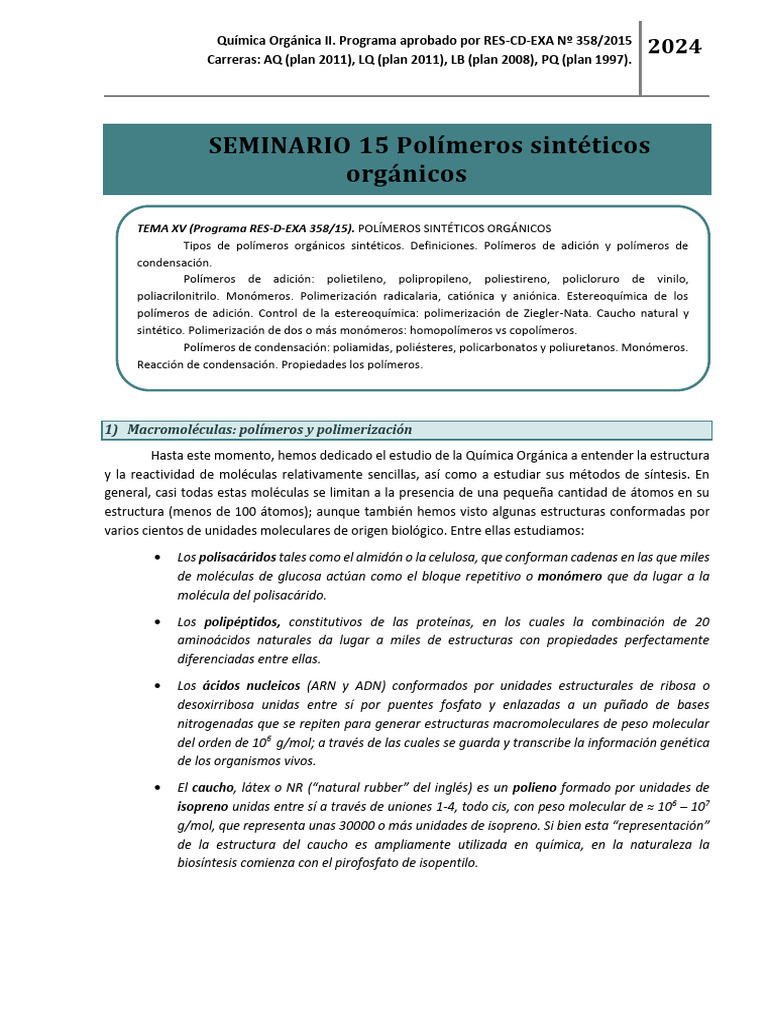 2024 - QOII - Seminario 15 - Polímeros | PDF | Polímeros | Polimerización