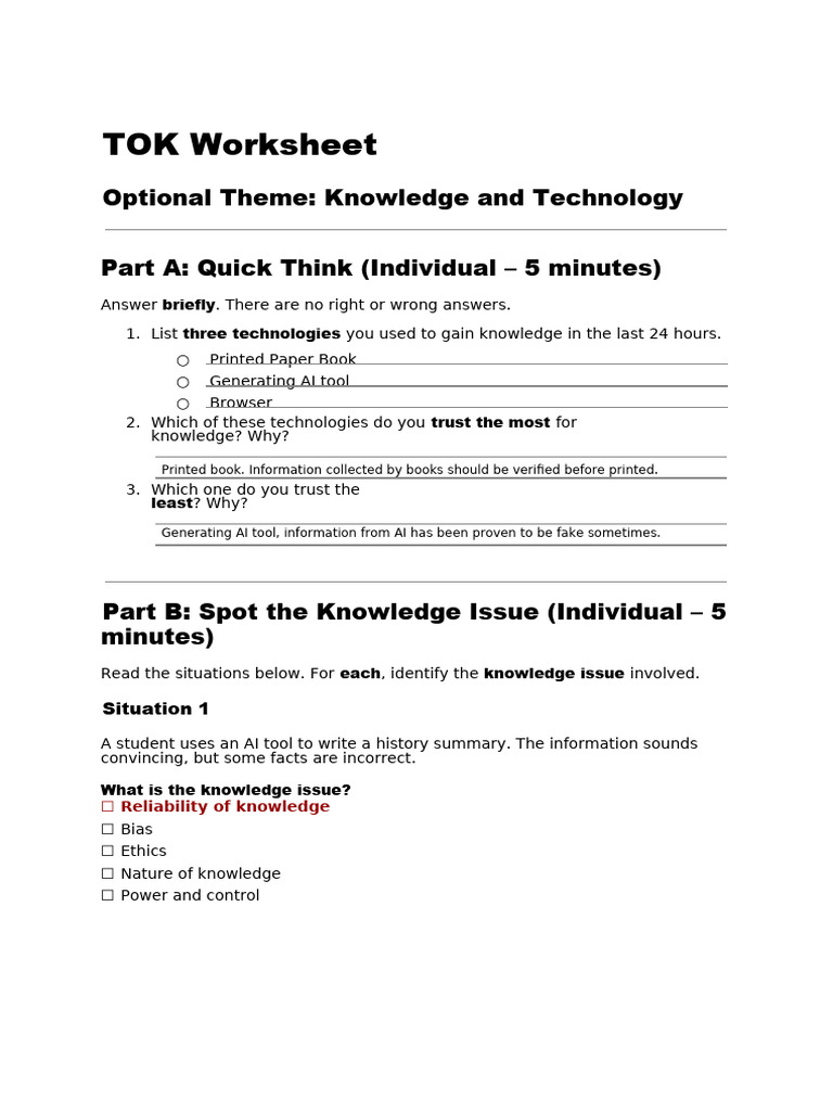 Knowledge Technology Knowledge Issues Worksheet | PDF