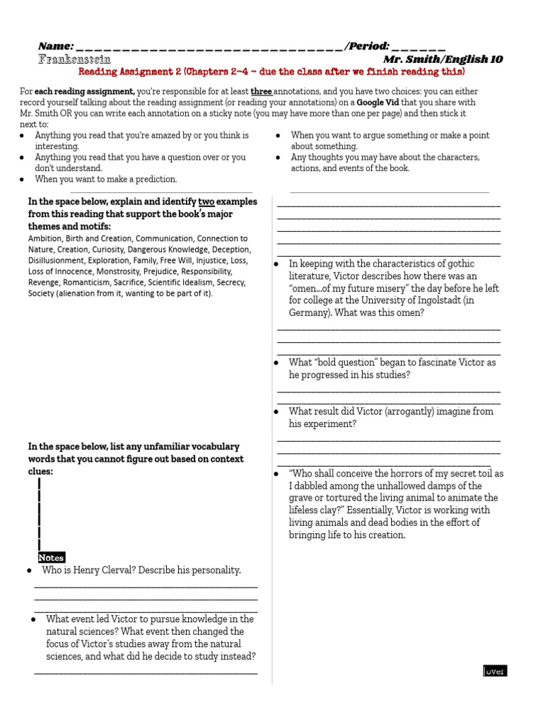 Frankenstein Reading Assignment 2 E10 | PDF | Frankenstein