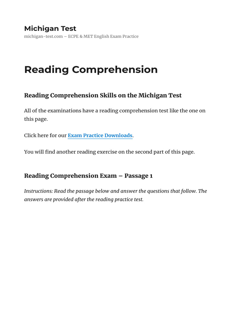 15.reading Comprehension - Free Reading Sample For The Michigan Tests ...