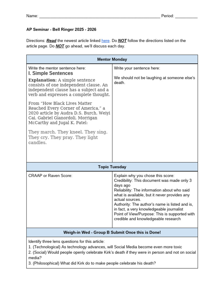 15 AP Seminar - Bell Ringer 2025 - 2026 | PDF