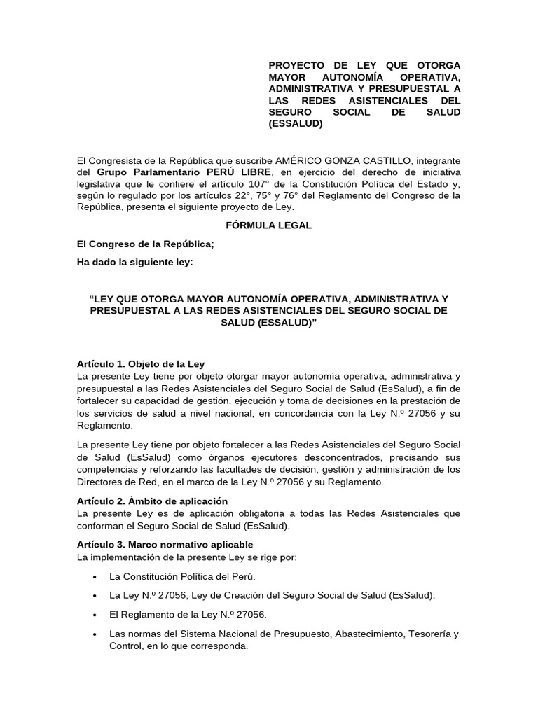 PROYECTO DE LEY QUE OTORGA MAYOR AUTONOMÍA OPERATIVA A ESSALUD | PDF ...