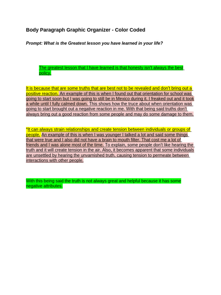 Body Paragraph Graphic Organizer - Color Coded-1 | PDF