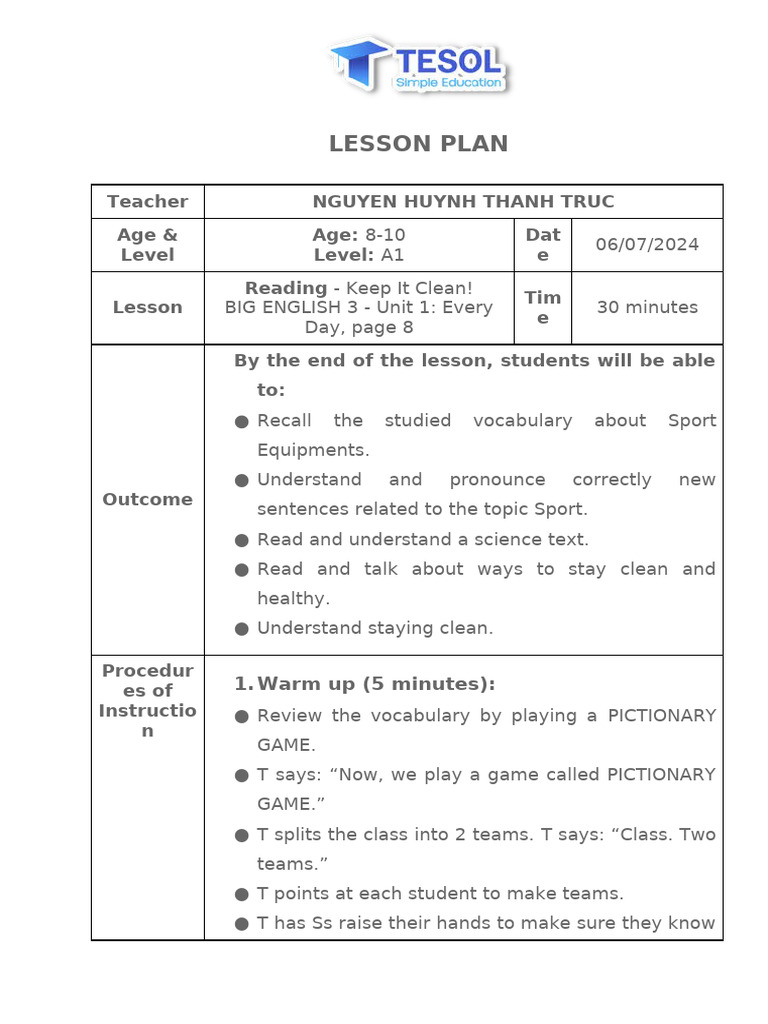 Tesol - Lesson Plan - Reading - Nguyen Huynh Thanh Truc | PDF