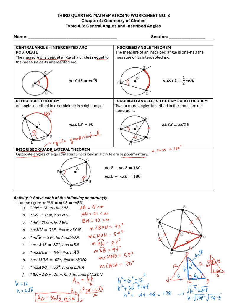 Q3 Math 10 Worksheet 3 Central Angle and Inscribed Angles - With Answer ...