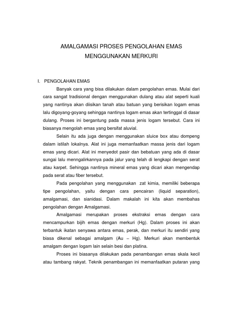 Amalgamasi Proses Pengolahan Emas Menggunakan Merkuri | PDF