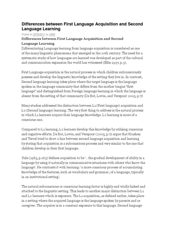 Differences Between First Language Acquisition and Second Language Learning | PDF