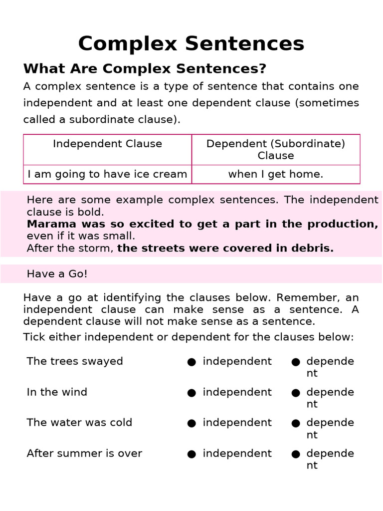 Complex Sentences Worksheet | PDF