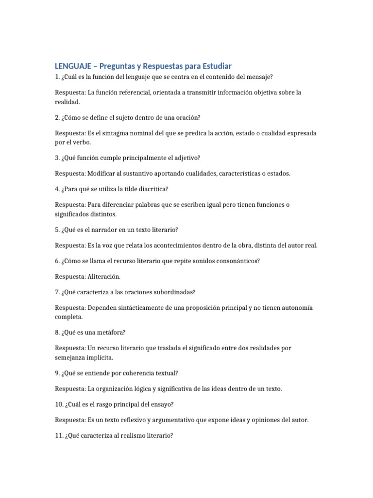 Lenguaje Preguntas y Respuestas | PDF | Oración (Lingüística) | Verbo