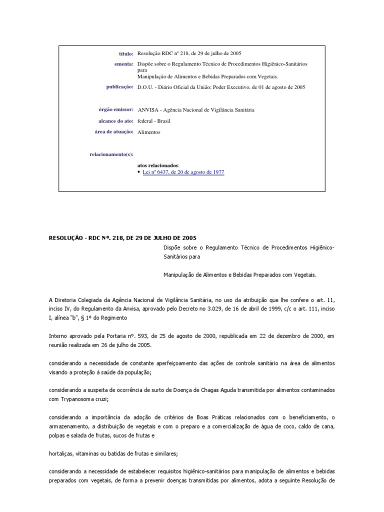 RDC 218 2005 | PDF | Alimentos | Embalagem e rotulagem