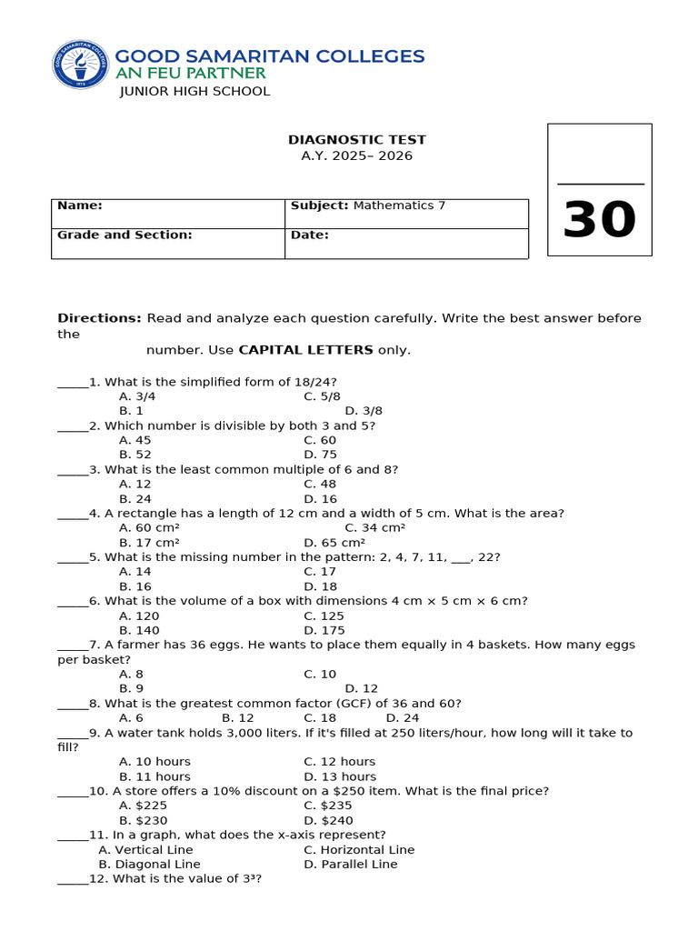 g7 Diagnostic Test | PDF | Mathematics | Arithmetic