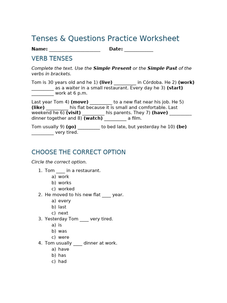A1 Tenses & Questions – Exam Practice Worksheet | PDF