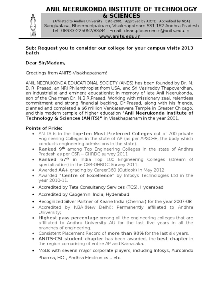 ANITS College Profile | PDF | Internet | Science And Technology