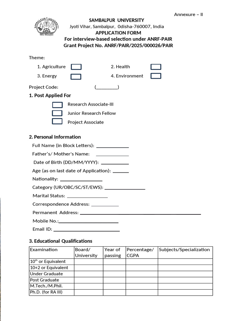 ANRF-PAIR Application Form For Project Positions | PDF