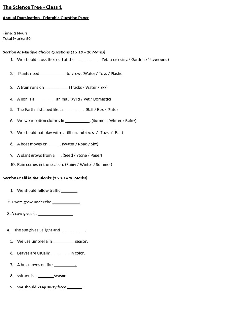 Grade 1 Science Question Paper Final Term 2026. GIA_115731 (1) | PDF