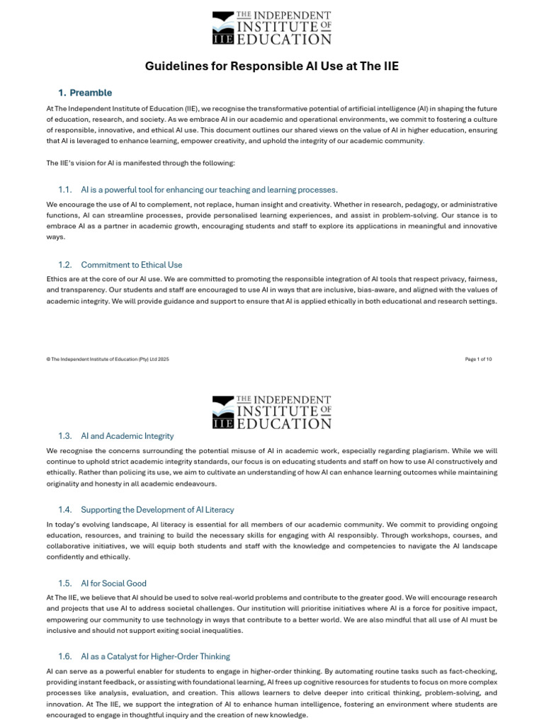 Guidelines For Responsible AI Use at The IIE | PDF | Artificial ...