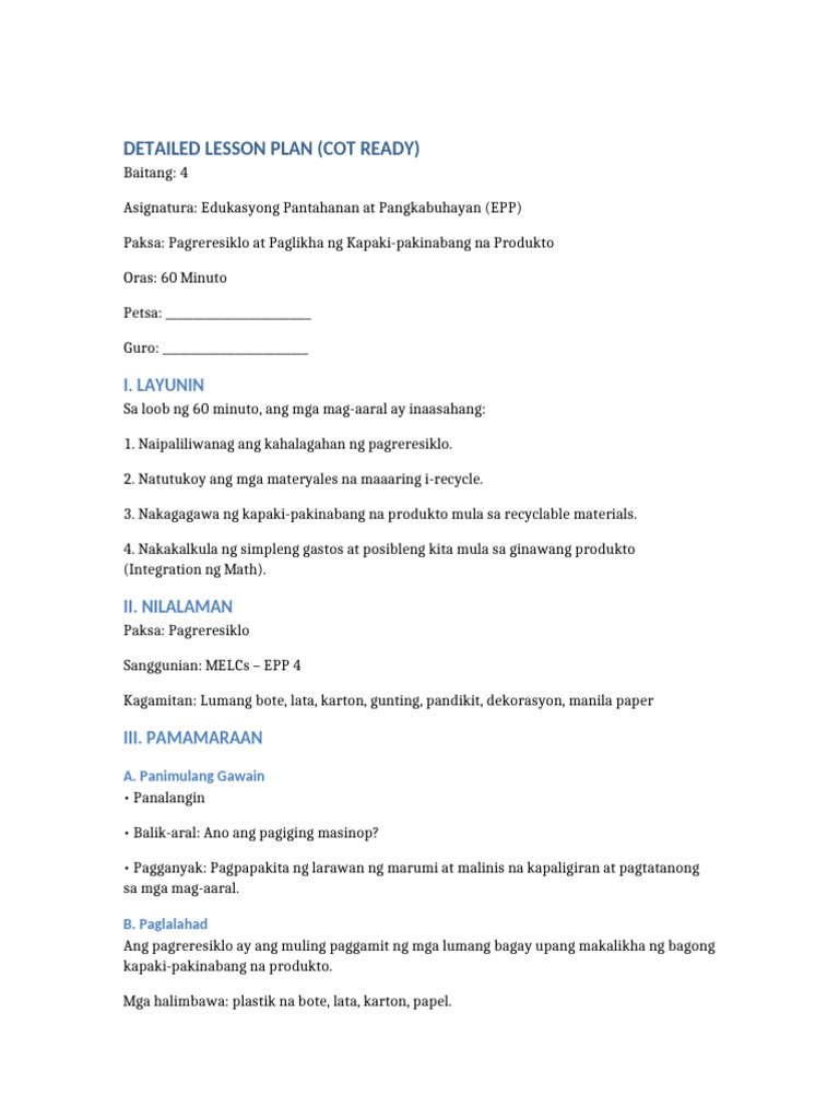 DLP EPP4 Pagreresiklo COT | PDF