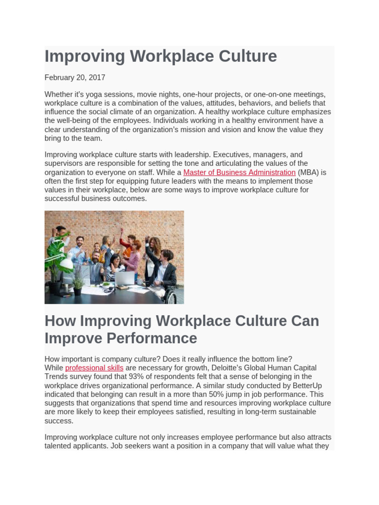 Improving Workplace Culture | PDF | Organizational Culture | Employee ...