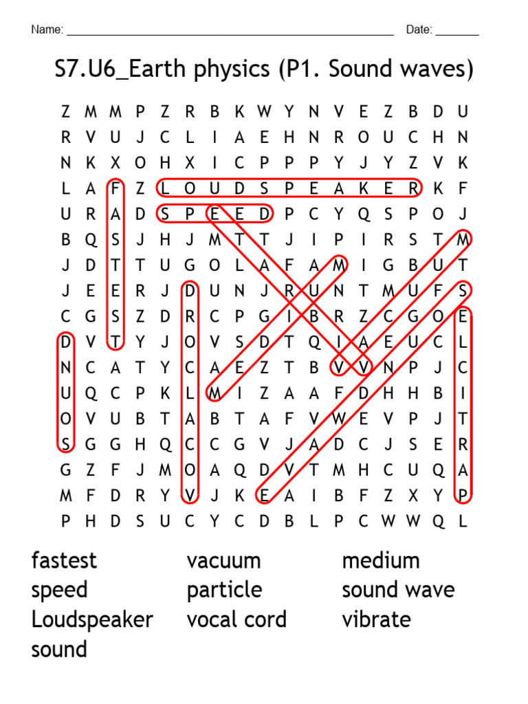 S7U6Earth Physics P1 Sound Waves Answer Key Word Search | PDF