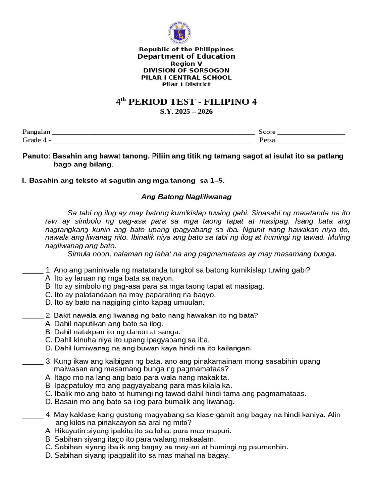 DTC - PT - q4 Filipino 4 Matatag With Tos Key | PDF