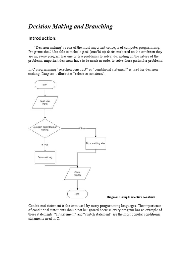 Decision Making and Branching: Diagram 1 Simple Selection Construct ...