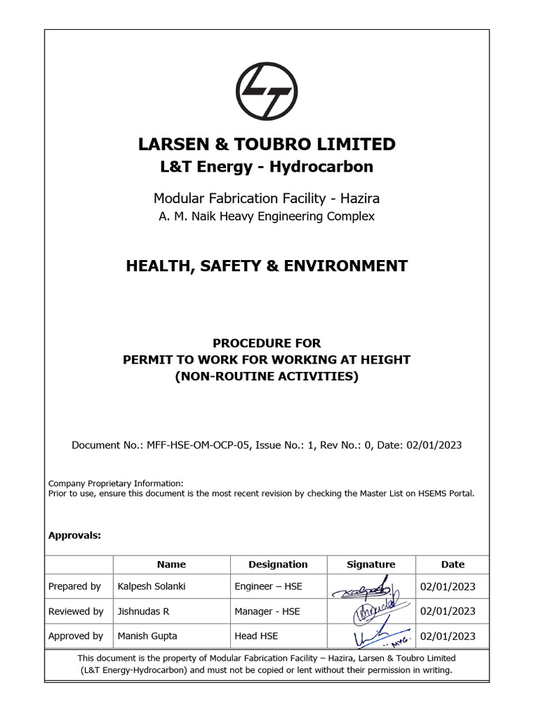 5-MFF-HSE-OM-OCP-05 Procedure For Work To Permit For Working at Height ...