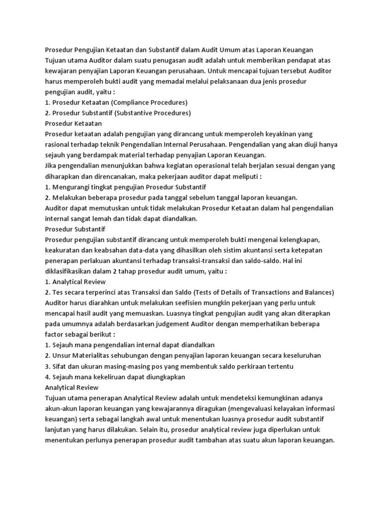 Prosedur Pengujian Ketaatan Dan Substantif Dalam Audit Umum Atas ...