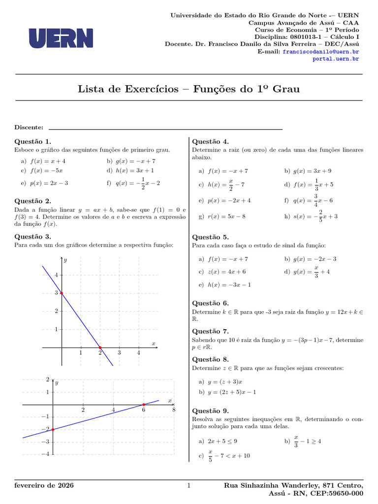 Exercicios Funções de 1grau | PDF | Objetos matemáticos | Analise ...