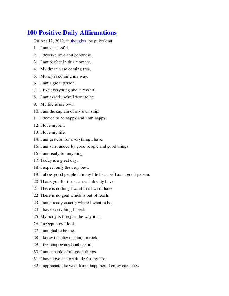 100 Positive Daily Affirmations | PDF | Self | Happiness