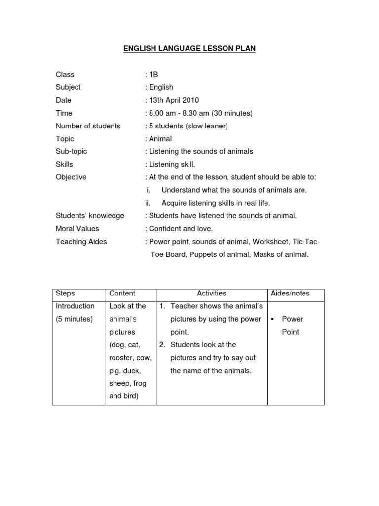 Animal Sounds Listening Lesson Plan | PDF | Language Arts & Discipline ...